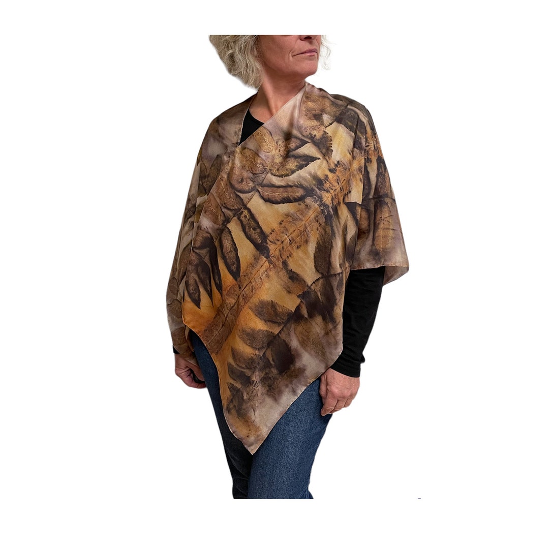Earthy Artisan Silk Poncho Wrap, Botanical Eco-printed Earth Tones ...