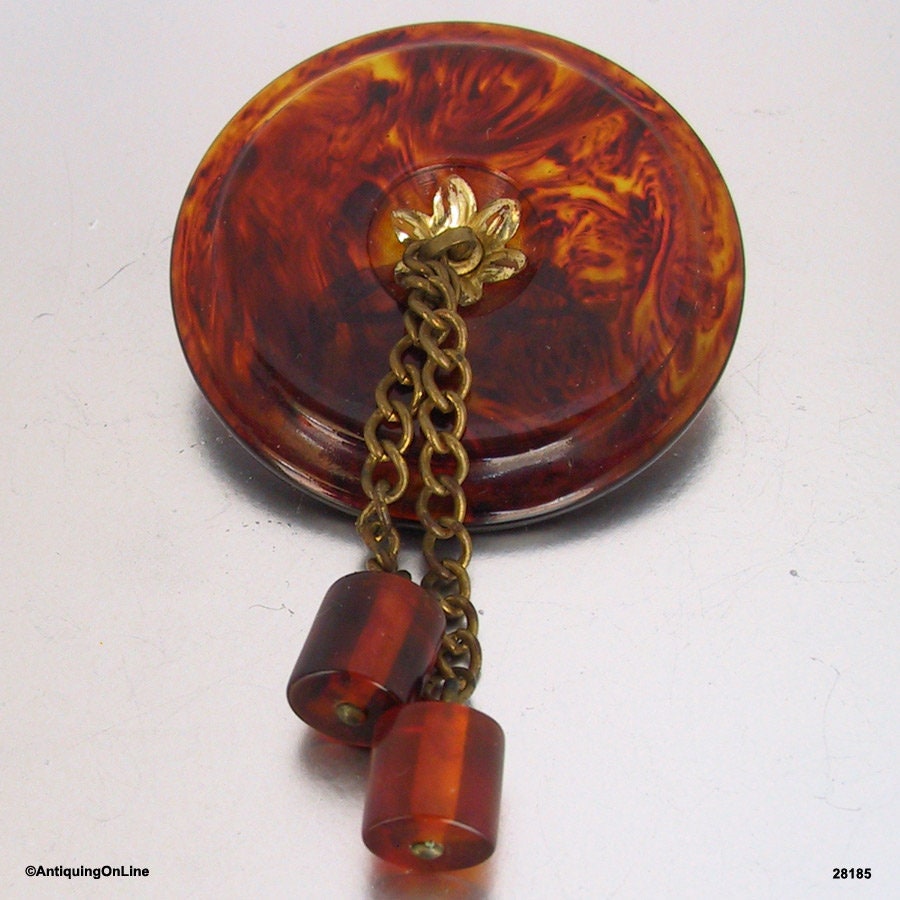 Tortoise Bakelite Pin With 2 Tubular Beads Hanging From Brass Chain ...