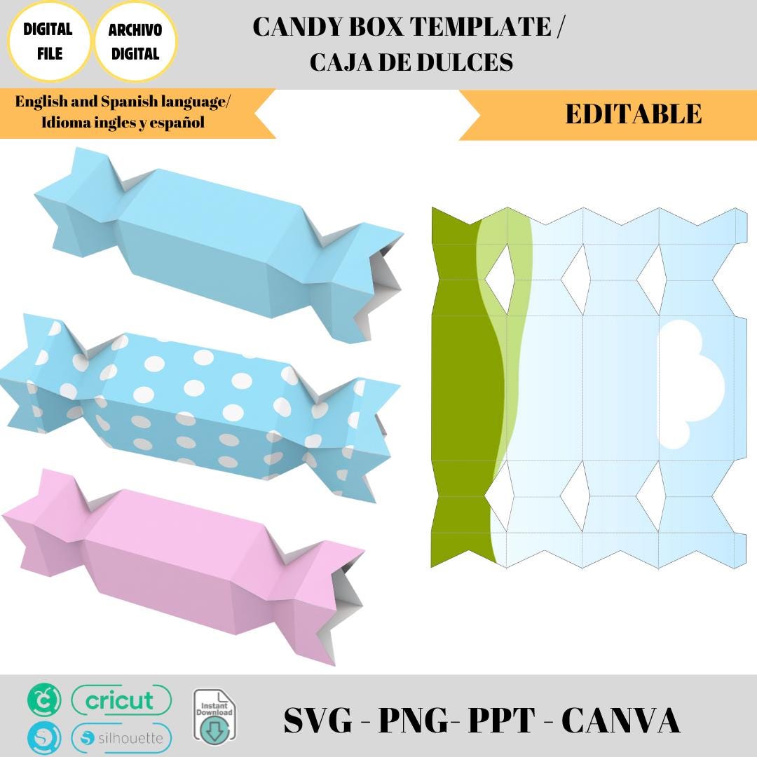 Candy Box Template, SVG, PNG, PPT, Candy Shape Box, Party Gift Box ...