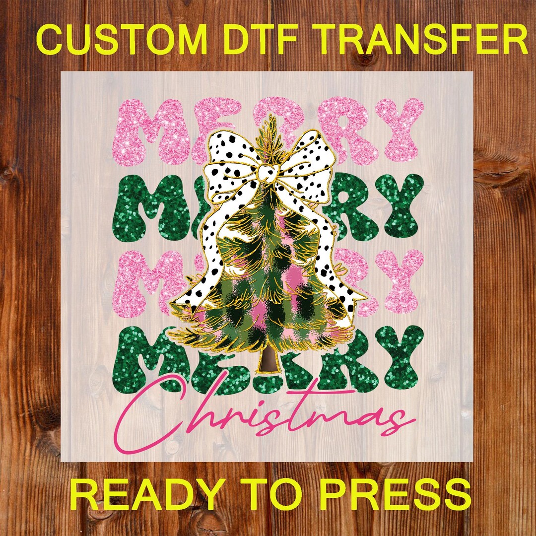 Merry Christmas Glitter Effect DTF Ready to Press, Retro Christmas Tree ...