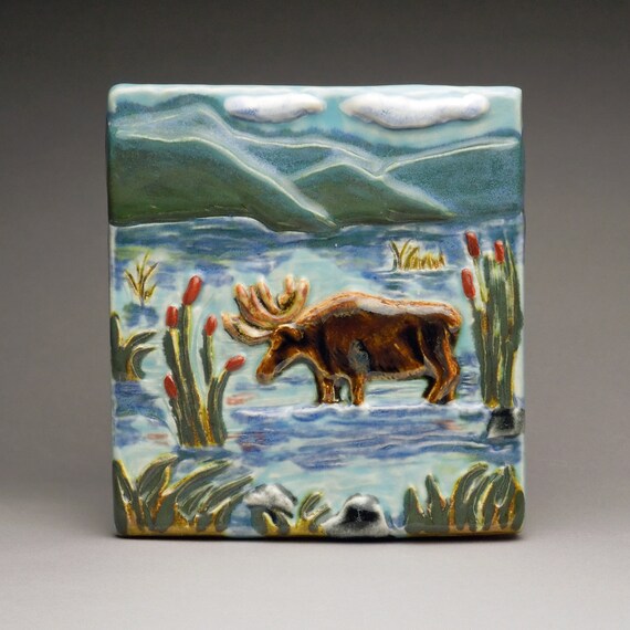 Moose in the Lake Tile | Etsy