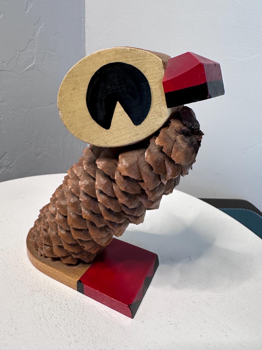 Vintage Pinecone Folk Art Bird Figure Wood Head and Base 6