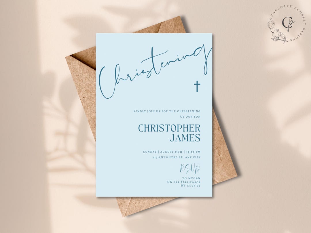 Editable Christening Invitation Template Minimalistic Blue Christening ...