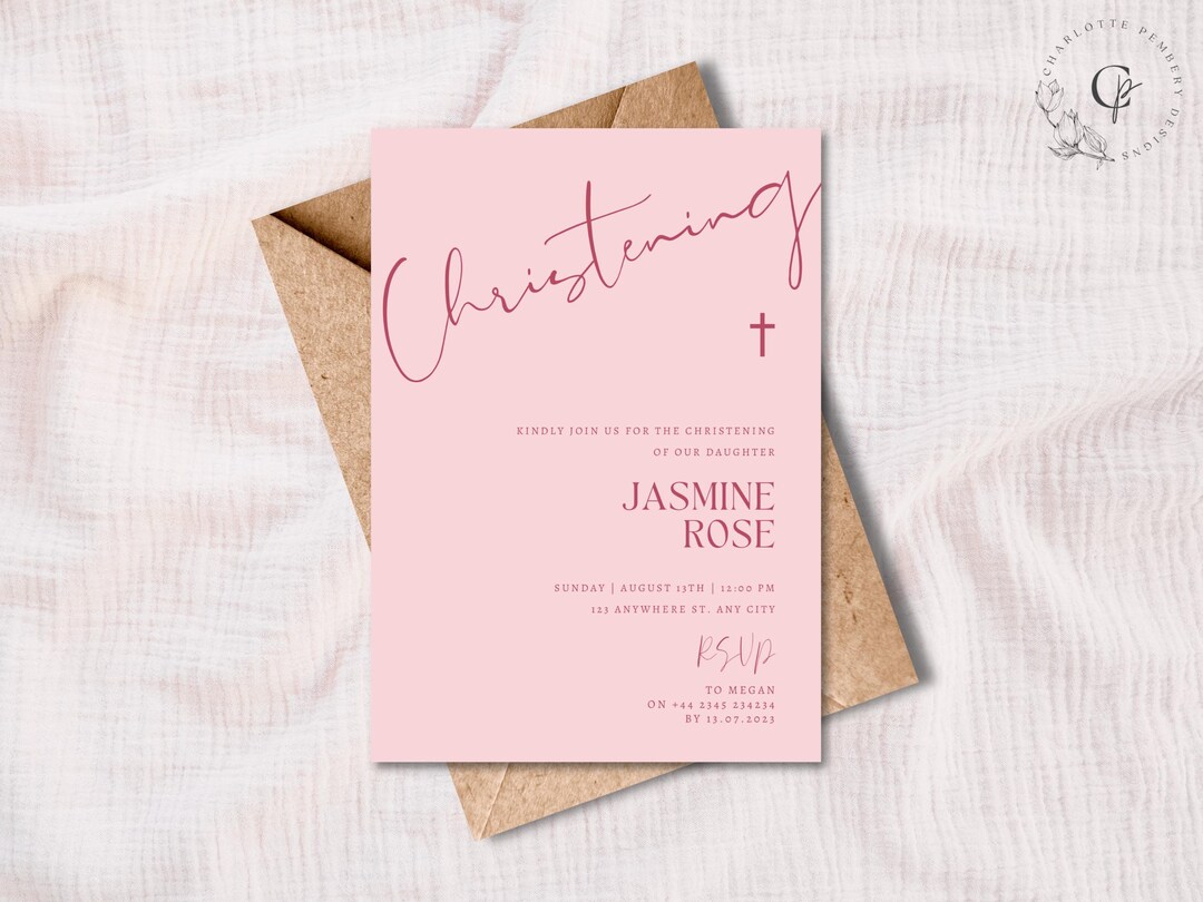 Editable Christening Invitation Template Minimalistic Pink Christening ...