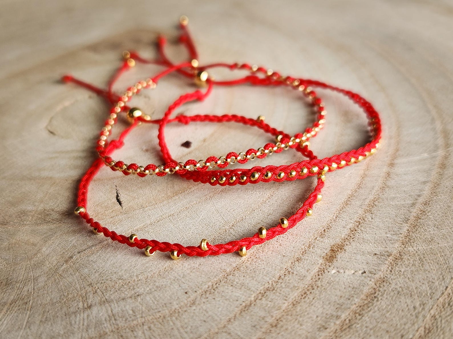 Red String Friendship Bracelet: Woven Cord With Gold Beads, Adjustable ...