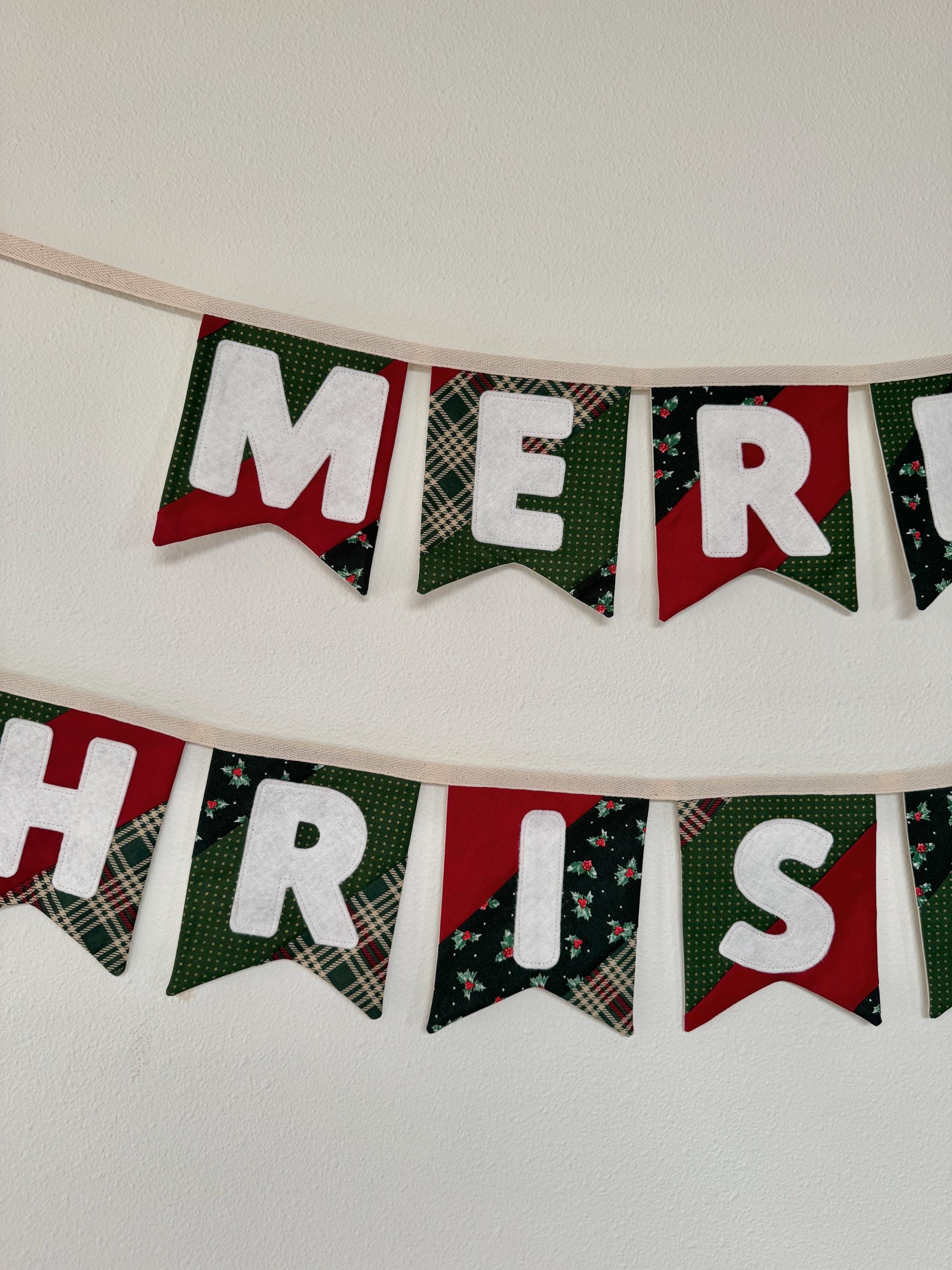 Fabric Merry Christmas Banner, Christmas Bunting, Patchwork Fabric ...