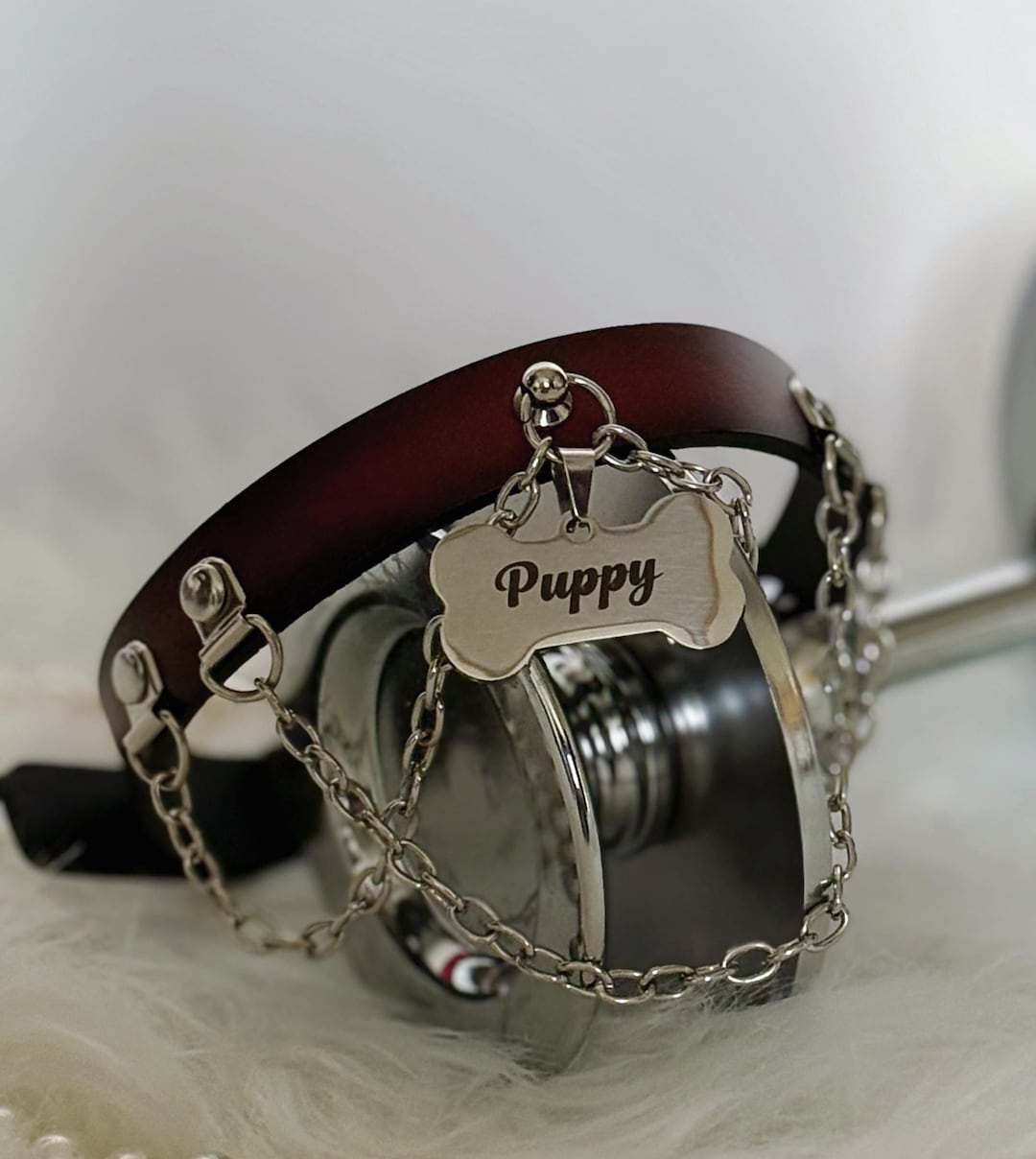 Custom Burnt Orange Leather Chain Collar With Engraved Dog Bone Tag - Etsy