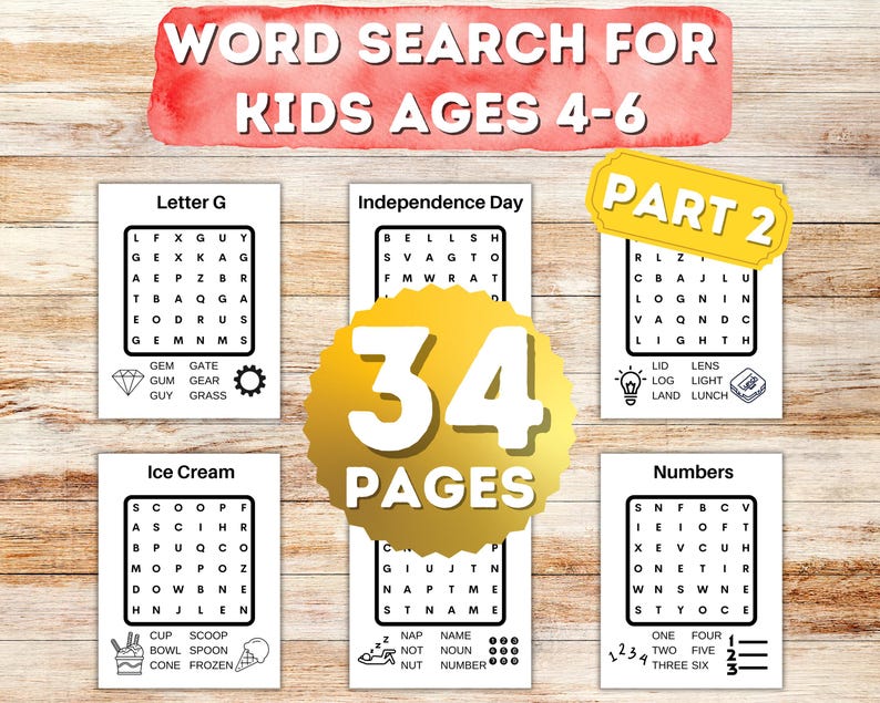 Word Search for Kids, Part 2, Ages 4-6: 34 Fun Puzzles, Digital Downloadable Pages for Early ...