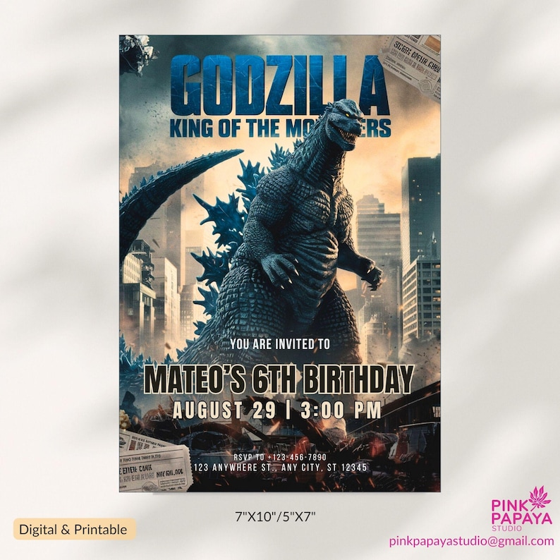 Godzilla Customized Birthday Invitation, Godzilla party,digital ...