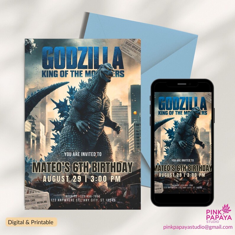 Godzilla Customized Birthday Invitation, Godzilla party,digital ...
