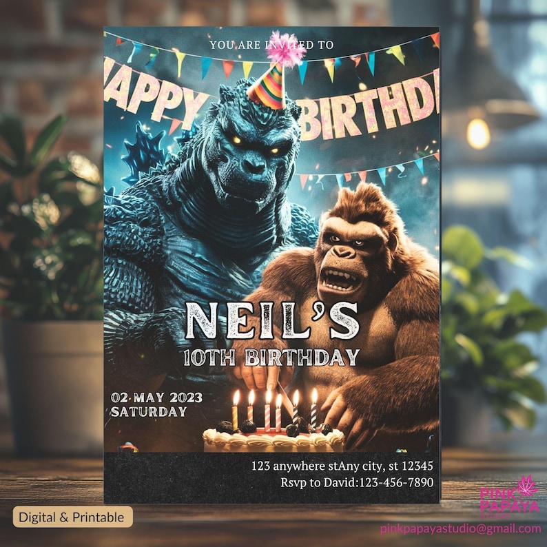 Godzilla - Customized Birthday Invitation, Godzilla -party,digital ...