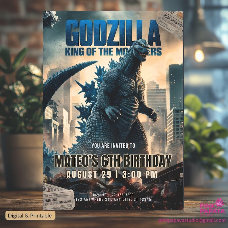Godzilla - Customized Birthday Invitation, Godzilla -party,digital ...