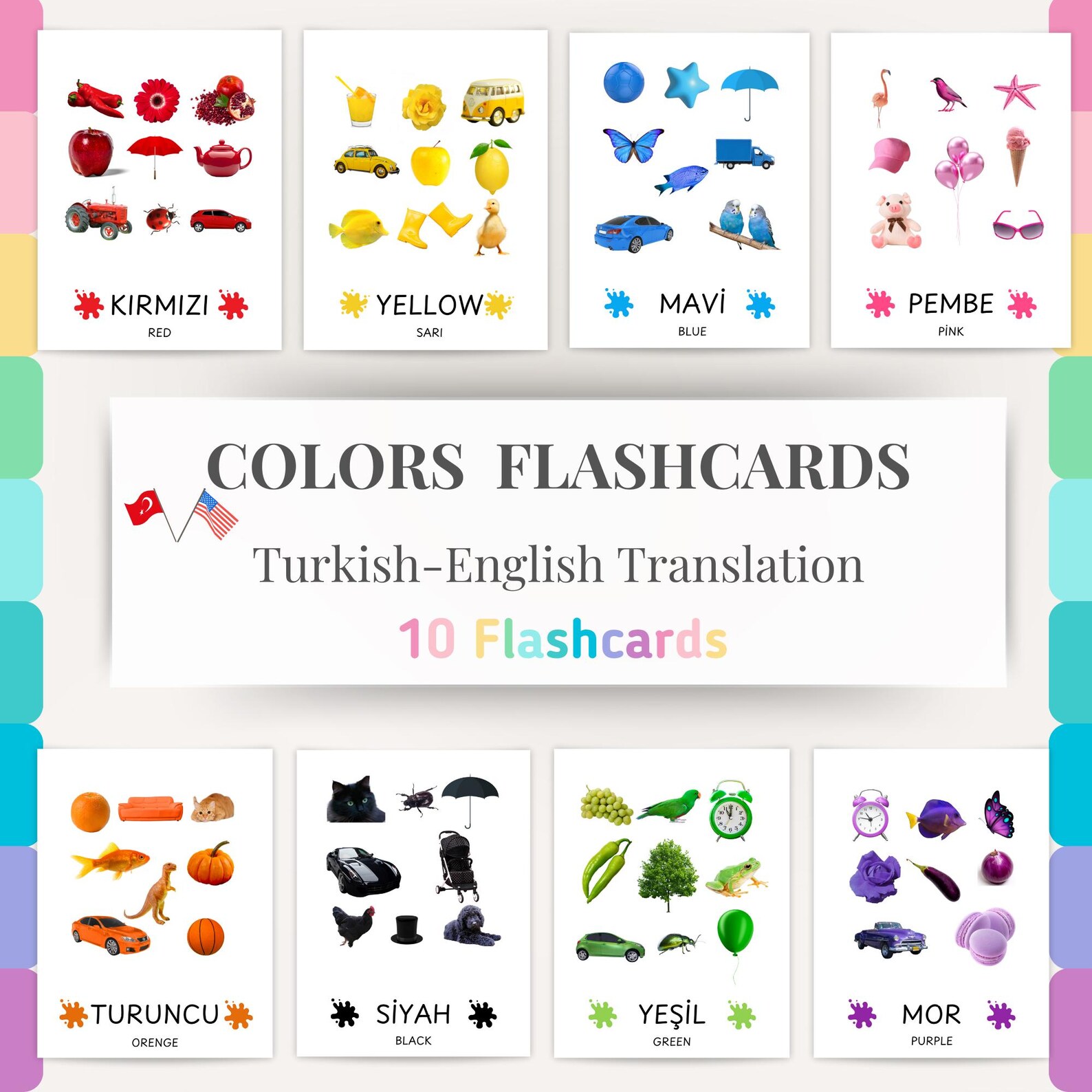 Turkish Colors Flashcards, Turkish Bilingual Flash Cards, English ...