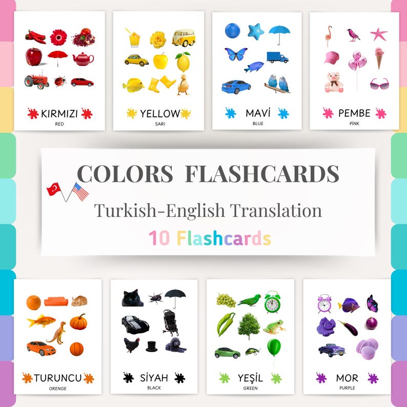 Turkish Colors Flashcards, Turkish Bilingual Flash Cards, English ...