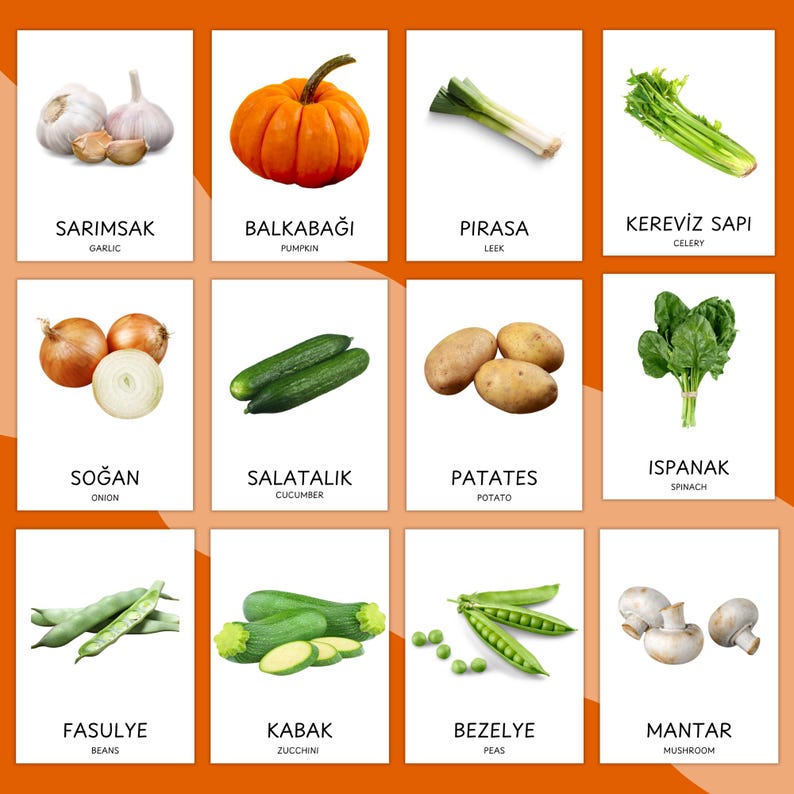 Turkish Vegetables Flashcards, Turkish Bilingual Flash Cards, English ...