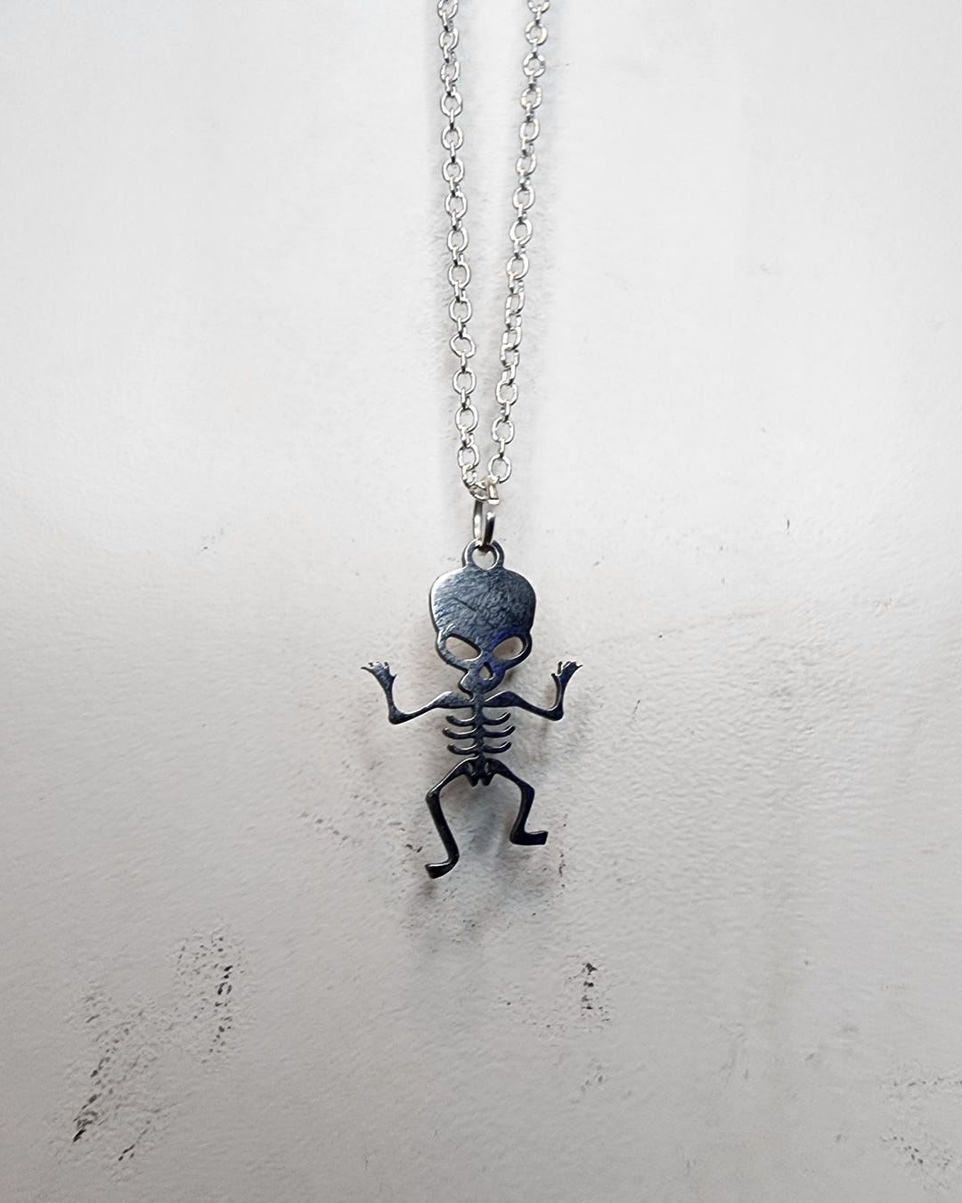 Alien Head Skeleton Necklace, Silver Big Headed Skull Jewelry, Small ...