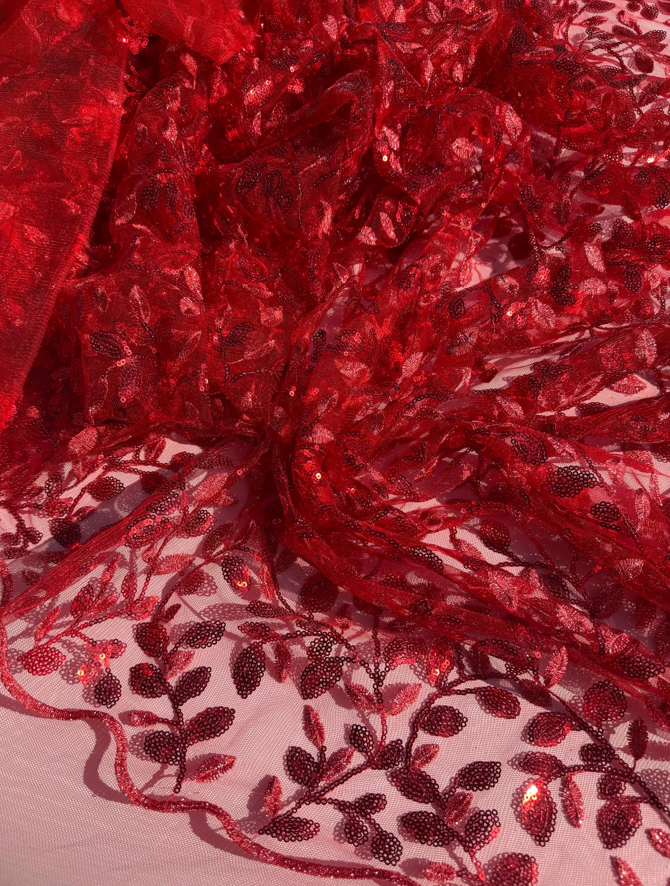 Red Sequin Embroidered Mesh Fabric- Floral Leaf Red Design, Sheer Mesh ...