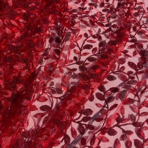 Red Sequin Embroidered Mesh Fabric- Floral Leaf Red Design, Sheer Mesh ...