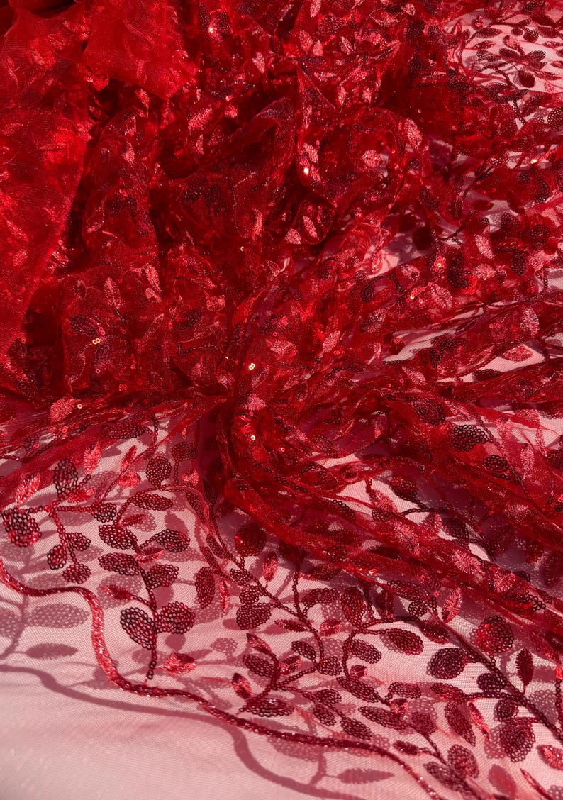 Red Sequin Embroidered Mesh Fabric- Floral Leaf Red Design, Sheer Mesh ...