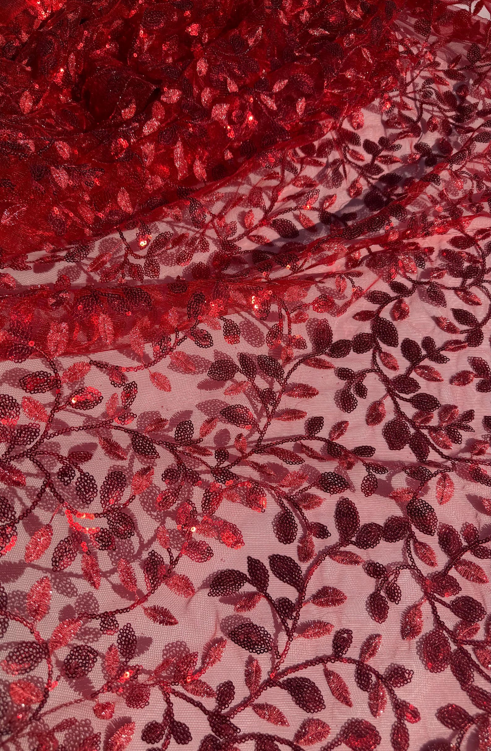 Red Sequin Embroidered Mesh Fabric- Floral Leaf Red Design, Sheer Mesh ...