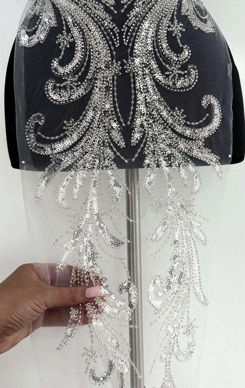 Prom Dress Applique – Beaded Lace Patch With Sequins on White Mesh, DIY ...