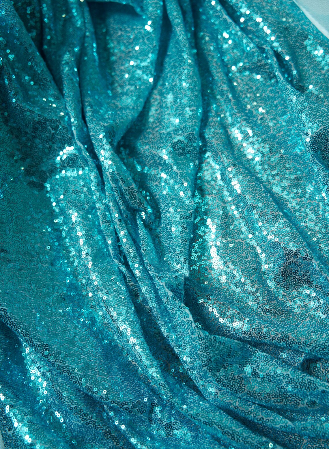 Iridescent Turquoise Sequin Mesh Fabric – 3mm Stretch Sequins for ...