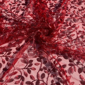 Red Sequin Embroidered Mesh Fabric- Floral Leaf Red Design, Sheer Mesh ...