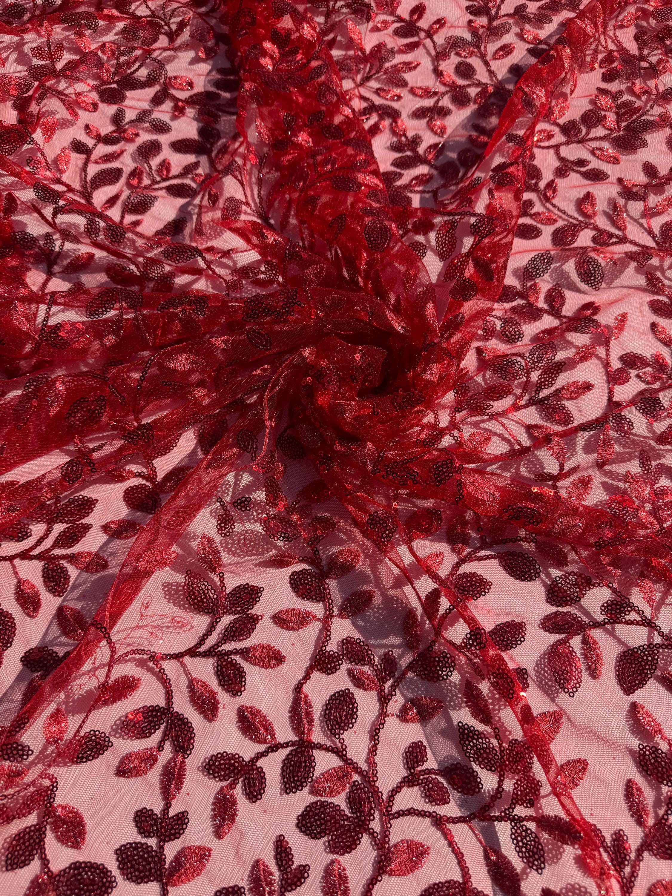 Red Sequin Embroidered Mesh Fabric- Floral Leaf Red Design, Sheer Mesh ...