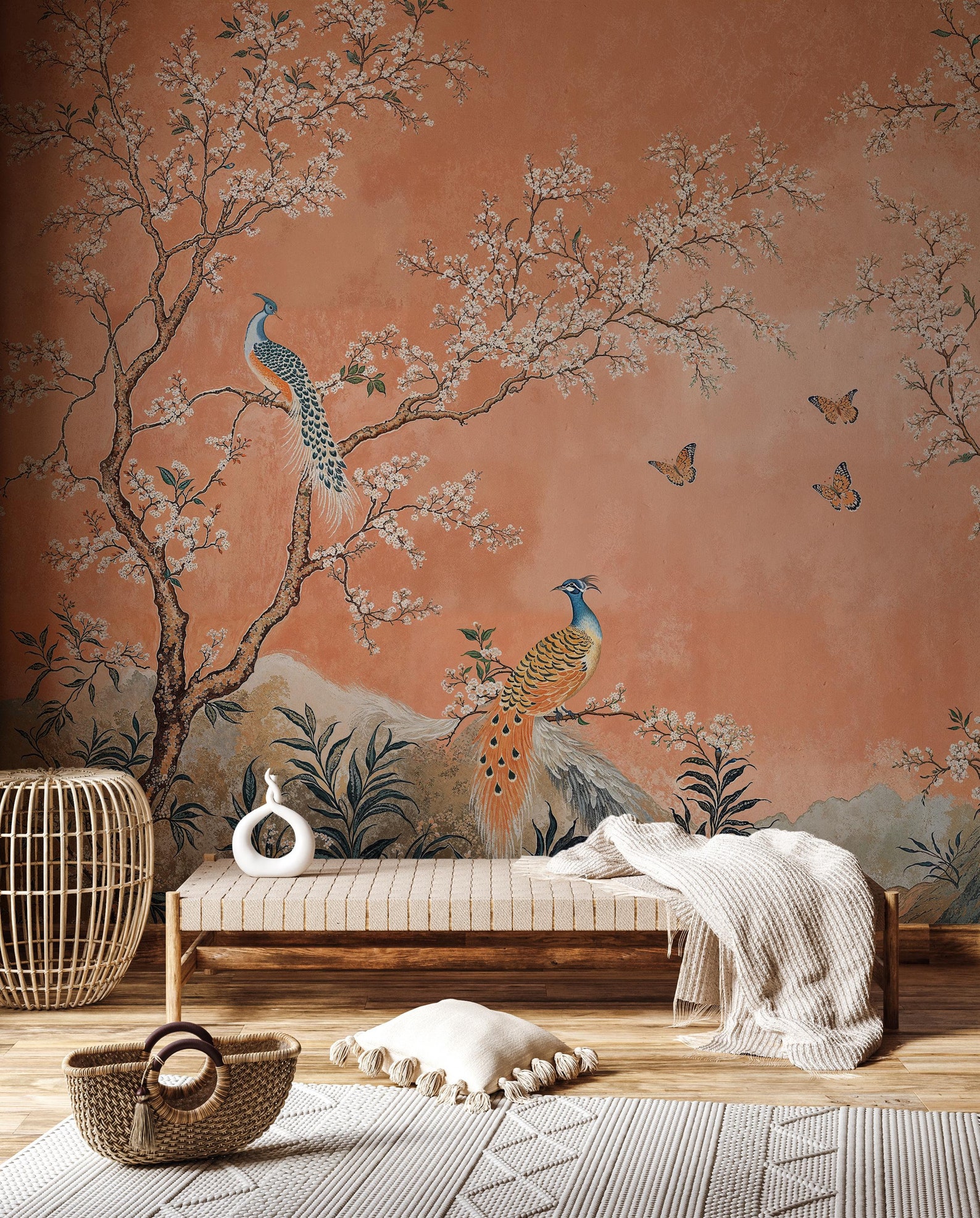 Chinoiserie Peel and Stick Wallpaper Mural, Peacock Wallpaper Peel ...