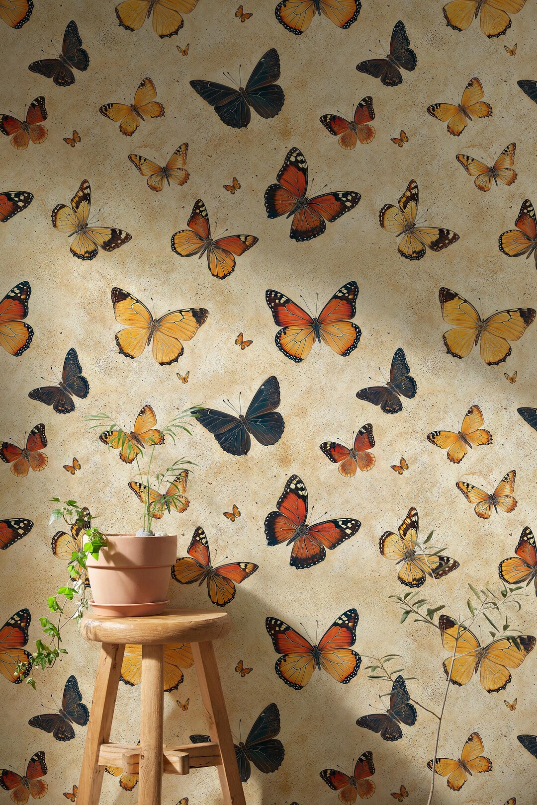 Vintage Butterflies Wallpaper, Beige Butterfly Peel and Stick Wallpaper ...
