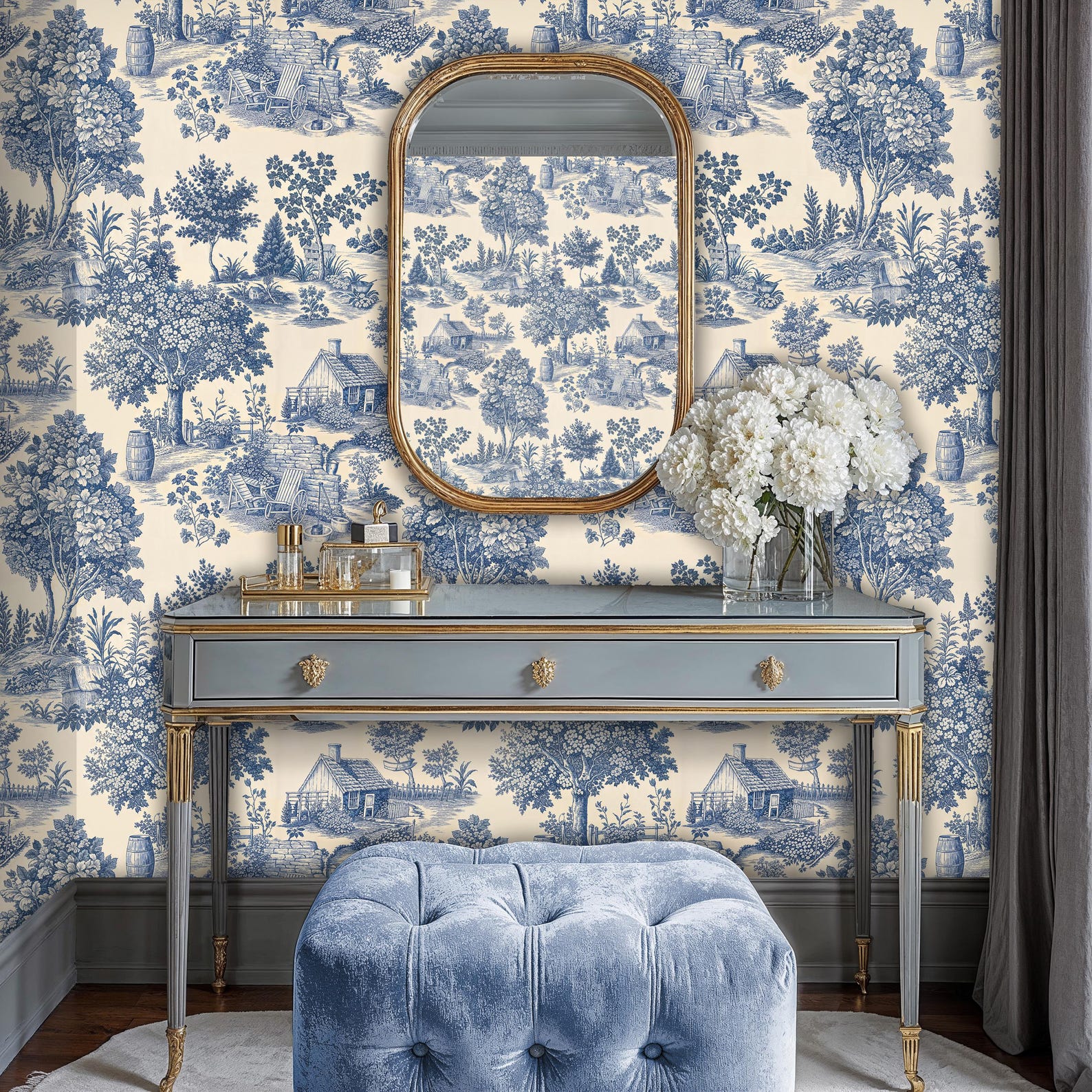 Blue Toile Peel and Stick Wallpaper, French Toile Wallpaper Peel Blue ...