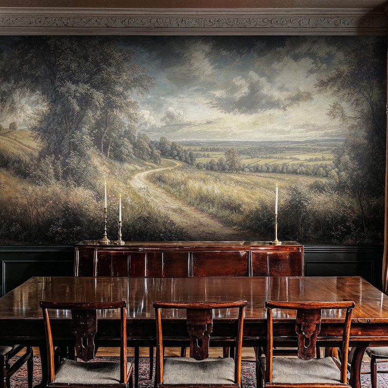 Vintage Rural Landscape Wallpaper Mural, Countryside Wall Mural Peel ...