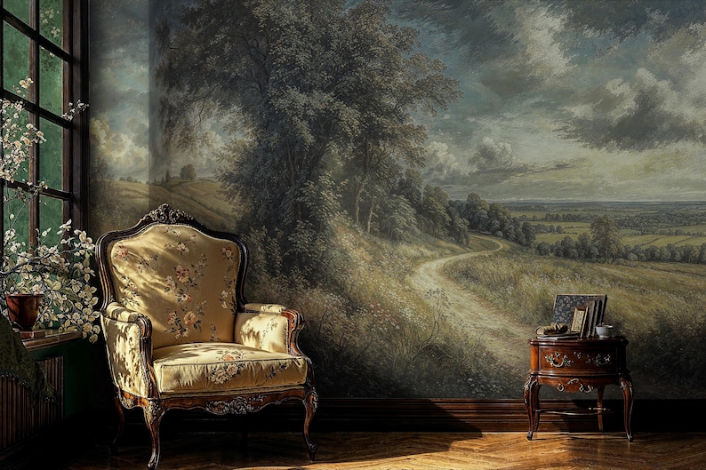 Vintage Rural Landscape Wallpaper Mural, Countryside Wall Mural Peel ...