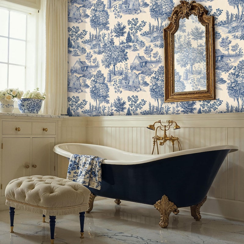 Blue Toile Wallpaper - Etsy