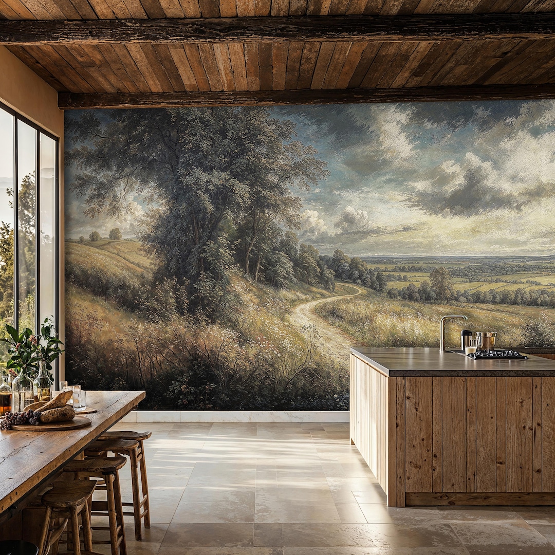 Vintage Rural Landscape Wallpaper Mural, Countryside Wall Mural Peel ...