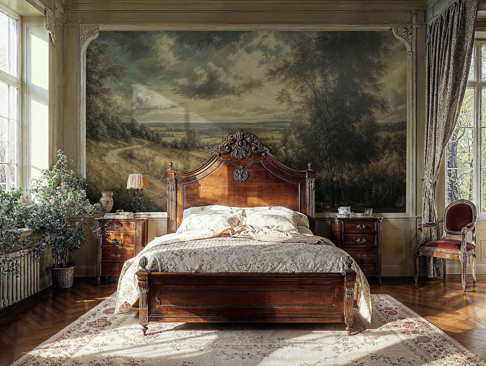 Vintage Rural Landscape Wallpaper Mural, Countryside Wall Mural Peel ...