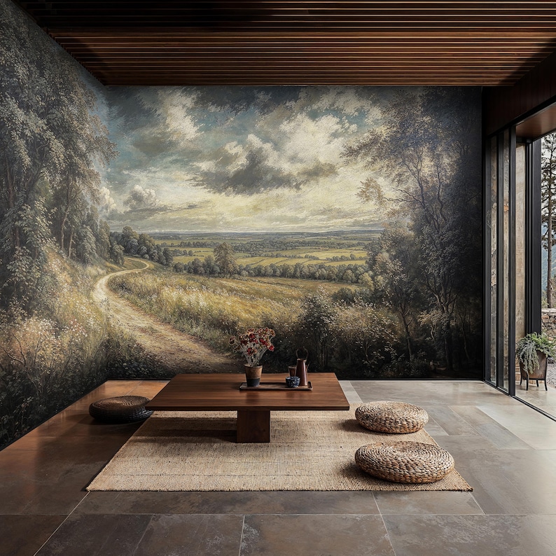 Vintage Rural Landscape Wallpaper Mural, Countryside Wall Mural Peel ...