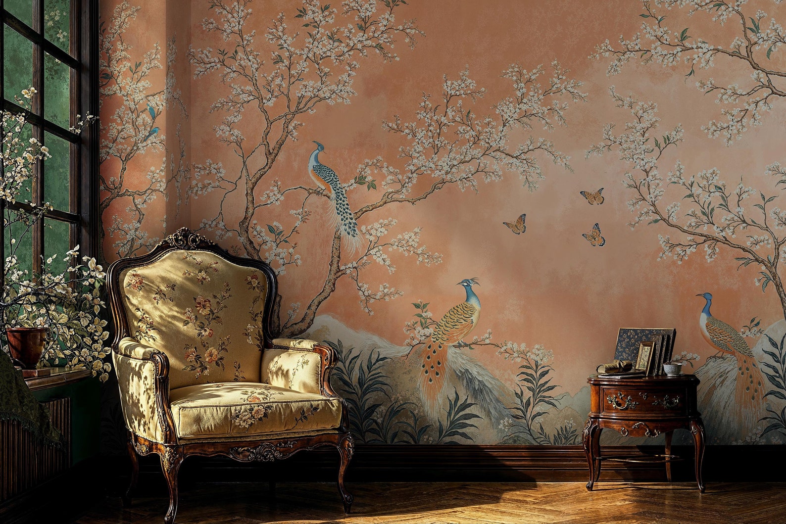 Chinoiserie Peel and Stick Wallpaper Mural, Peacock Wallpaper Peel ...