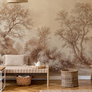 Sepia Landscape Peel and Stick Wallpaper, Vintage Scenic Mural ...