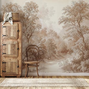 Sepia Landscape Peel and Stick Wallpaper, Vintage Scenic Mural ...