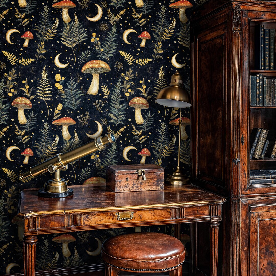 Celestial Mushroom Peel and Stick Wallpaper, Medieval Fern Botanical ...