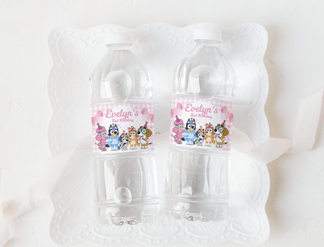 Bluey Bottle Label Sticker, Bluey Pink Plaid Birthday Label, Bluey ...