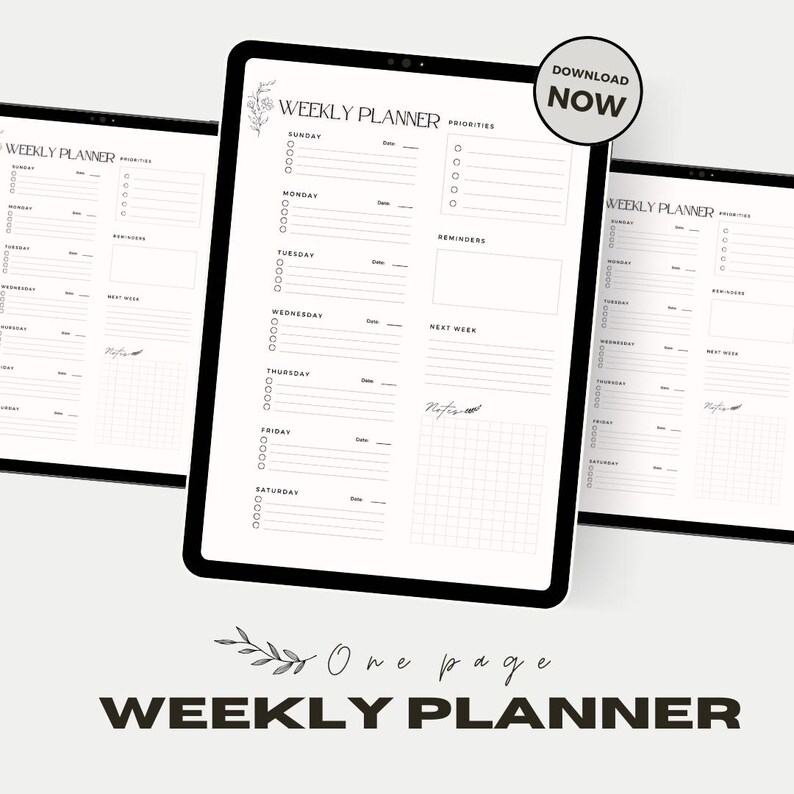 Weekly Planner, Instant Download, One-page Weekly Planner, Downloadable ...