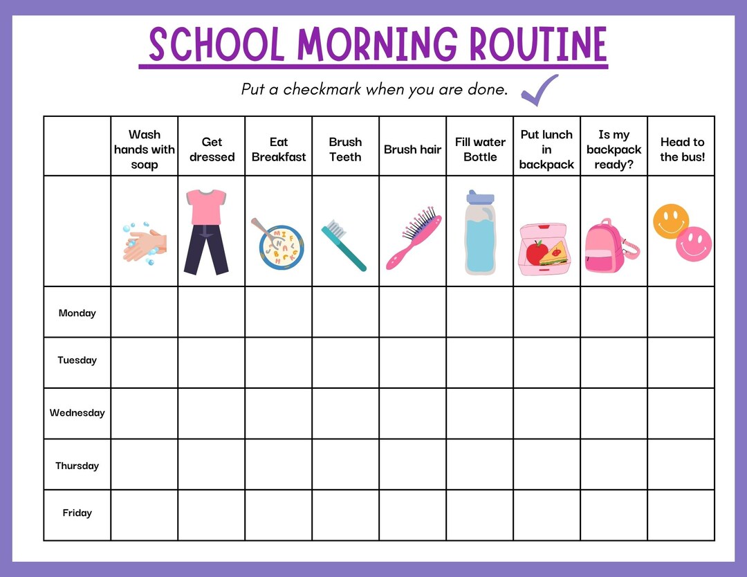 Visual Morning Routine Checklist - Kids School Checklist - Illustrated ...