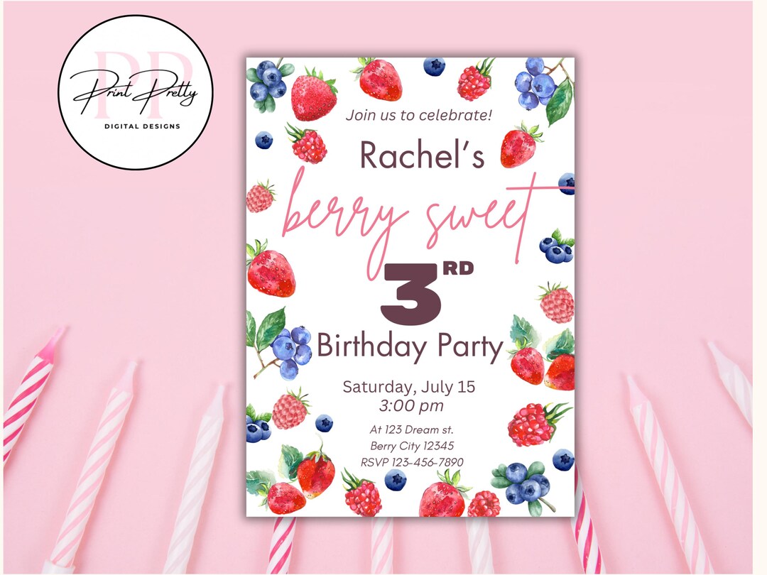 Berry Sweet 3rd Birthday Invitation - Printable Party Invite (digital ...