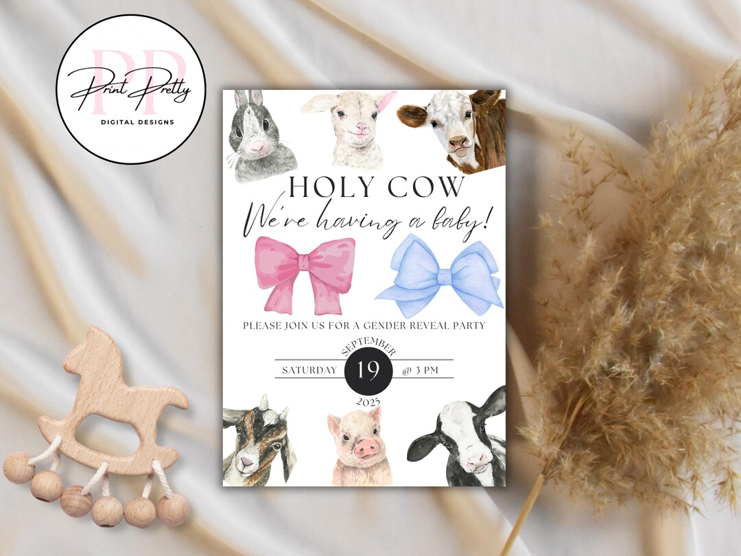 Holy Cow Gender Reveal Invitation – Farm Animal Party (printable ...