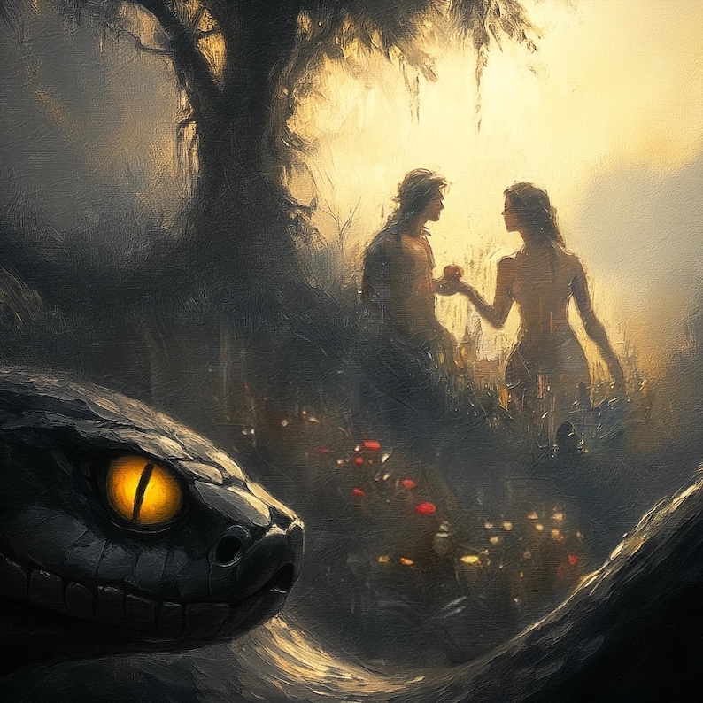 Adam and Eve Fall of Man Painting, Framed Canvas Print, Rustic ...