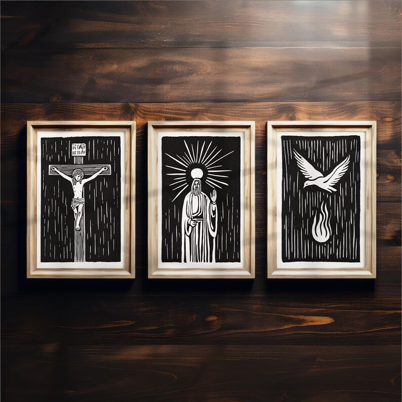 Sacred Trinity Art Prints: Minimalist Christian Woodcut Panels (digital ...
