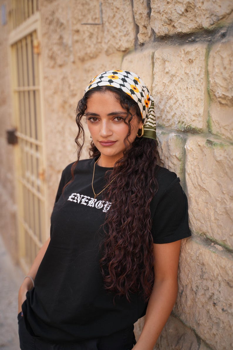 Kufiya Bandana From Palestine | Olive With Floral Print | Satin Scarf ...