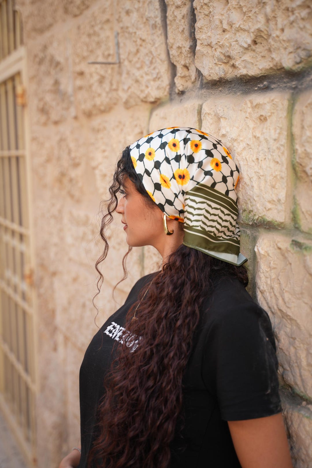 Kufiya Bandana From Palestine | Olive With Floral Print | Satin Scarf ...